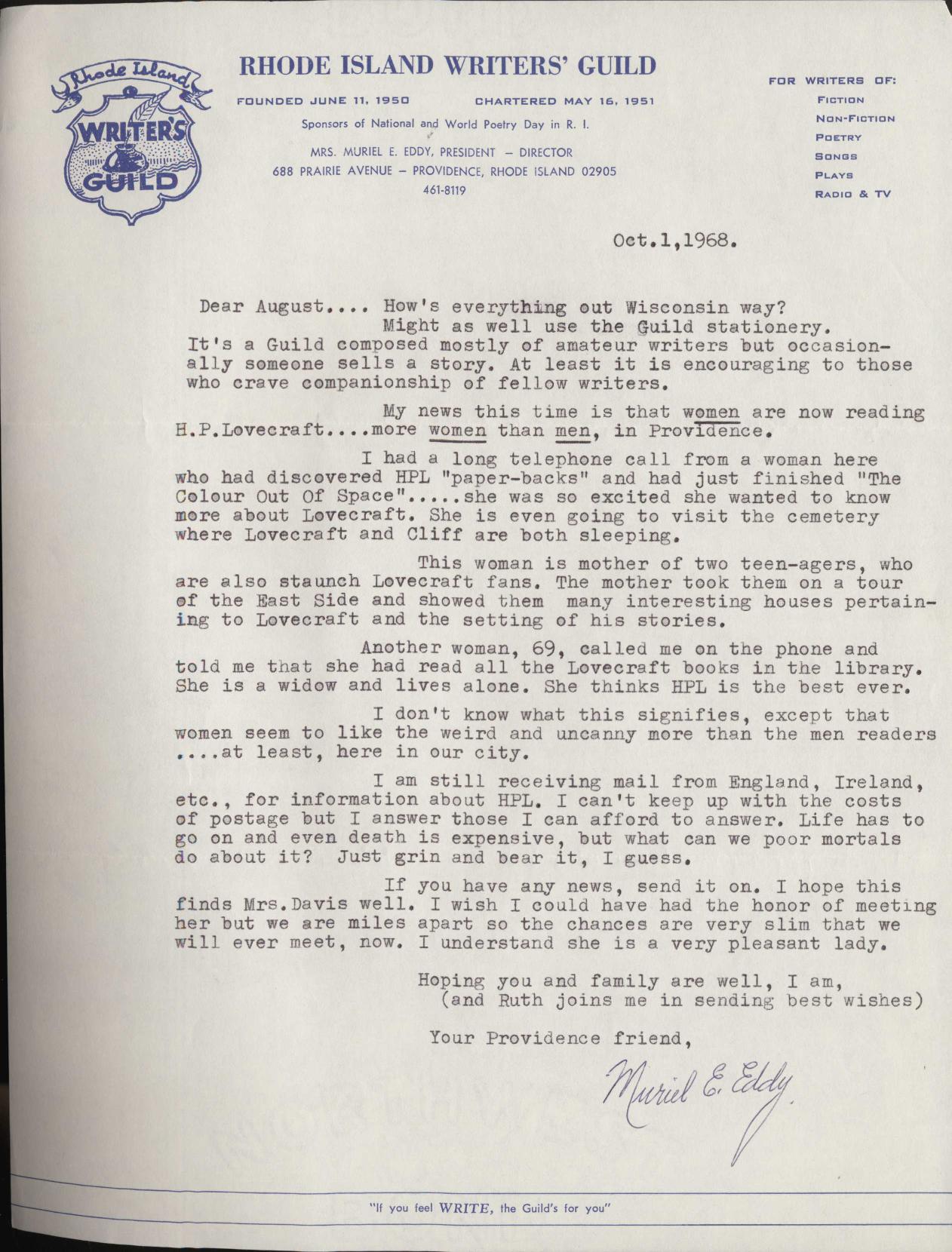 Her Letters To August Derleth: Muriel E. Eddy – Deep Cuts in a ...
